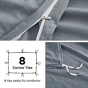 Bedsure 100% Washed Cotton Duvet Cover Queen - Grey Blue Minimalist Cotton Duvet Cover Set Linen Like - 3 Pieces Plain Simple Cotton Duvet Cover Set with 2 Pillow Shams (Grey Blue, Queen, 90"x90")