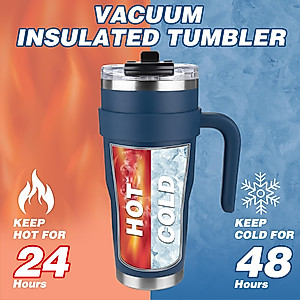 Opreine 32oz Tumbler with Handle, Insulated Tumbler with Straw and Lid, Stainless Steel Double Vacuum Travel Coffee Mug Cup, Fit for Car Holder, Spill Proof, Dishwasher Safe, Sweat Proof, Navy