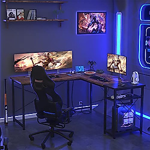 Ecoprsio L-Shaped Desk with Power Station and USB, Large L Shaped Gaming Desk with Storage Shelves Industrial Corner Desk Writing Study Table for Home Office Gaming Workstation, Rustic Brown and Black