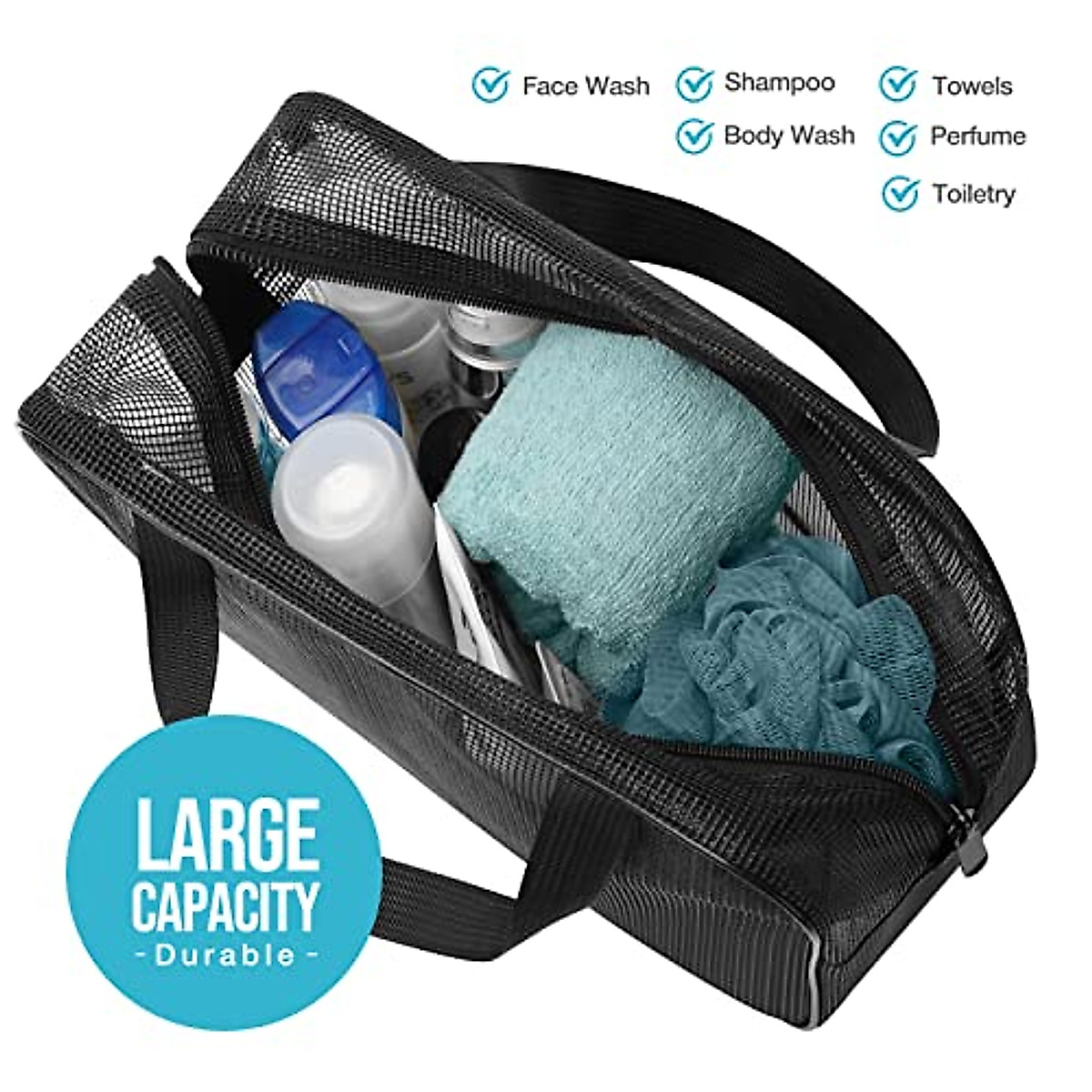 Gocvo Mesh Shower Caddy Mash Shower Bag Black Portable Mesh Accessories Organizer Tote for Gym College Dorm Room (Black-Large)