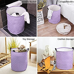 Purple White Polka Dot Large Laundry Basket, Waterproof Laundry Hamper for Baby Clothes, Simple Texture Spring Color Foldable Laundry Baskets with Handles, 13.8''x17''