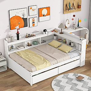 Aiuyesuo Full Size Platform Bed with L-Shaped Storage Shelfs and Bookcases, Pine Wood Day Bed with 2 Storage Drawers for Office/Living Room/Bedroom, Maximize Space (White)