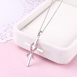 JZMSJF S925 Sterling Silver Faith Pink Ribbon Cross Pendant Necklace Breast Cancer Awareness Jewelry Gifts for Women