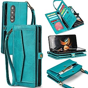 DKDKSIP for Samsung Galaxy Z Fold 5 Wallet Case for Women, RFID Blocking Card Holder, PU Leather Flip Phone Case with Crossbody Strap Wristlet Kickstand for Galaxy Z Fold 5, Blue