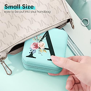 Yogeaw Small Travel Jewelry Holder Organizer - A Initial Mini Jewelry Box | Travel Essentials Case for Women Girl | Personalized Blue Jewelry Case | Christmas Back to School Graduation Birthday Gifts