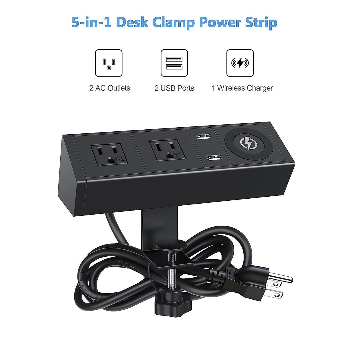 Desk Clamp Power Strip with Wireless Charger,Desk Mounted Power Strip with USB,900 Joules Surge Protector Desk Edge Power Strip,Desk Power Station with 2 Outlet and 2 USB Ports,6ft Cable