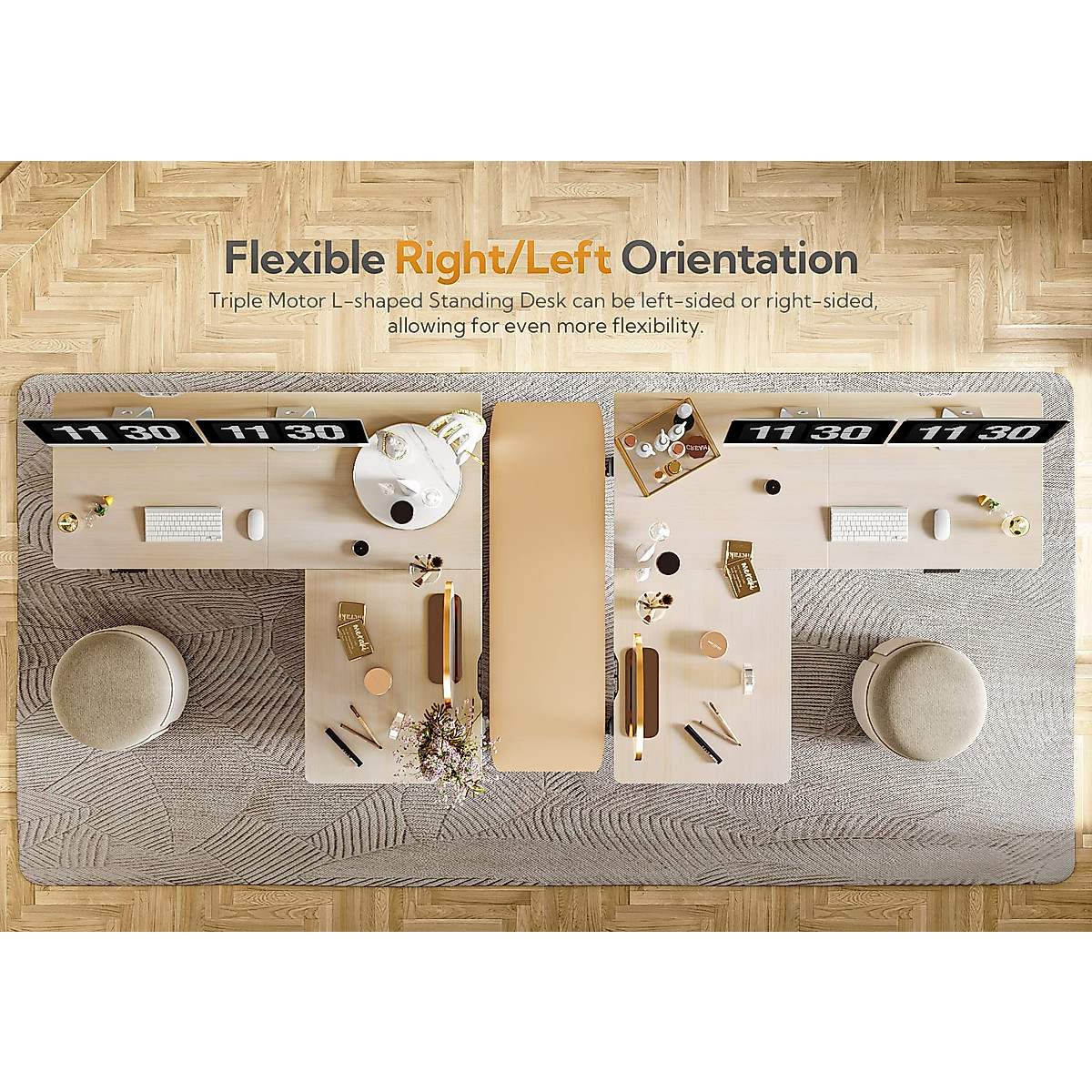 Claiks Triple Motor L Shaped Standing Desk, 63 x 55 inch Corner Stand Up Desk, Adjustable Height Desk with Splice Board, White Frame/Nature Top