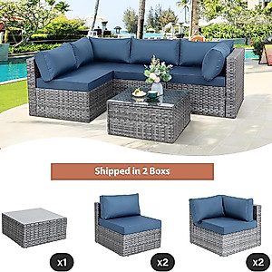 Walsunny Patio Furniture Set, 5 Pieces Outdoor Sectional Sofa Wicker Conversation Sets with Tea Table and Patio Couch Cushions(Royal Blue)