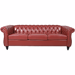 LEVNARY Chesterfield Sofa, Classic Tufted Upholstered Leather Couch, Modern 3 Seater Couch Furniture with Tufted Back for Living Room Office (Wine Red)