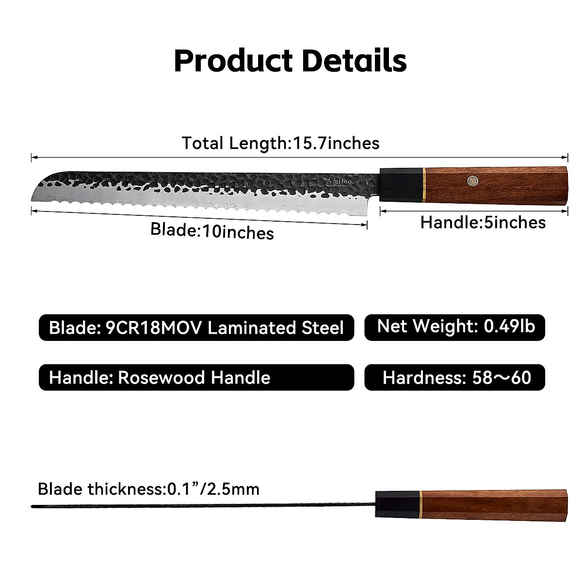 AmHoo Bread Knife 10-inch 9CR18MOV High Carbon Stainless Steel Professional Hand Forged Ultra Sharp Serrated Handle Rosewood for Homemade Bread Cake Christmas Gifts