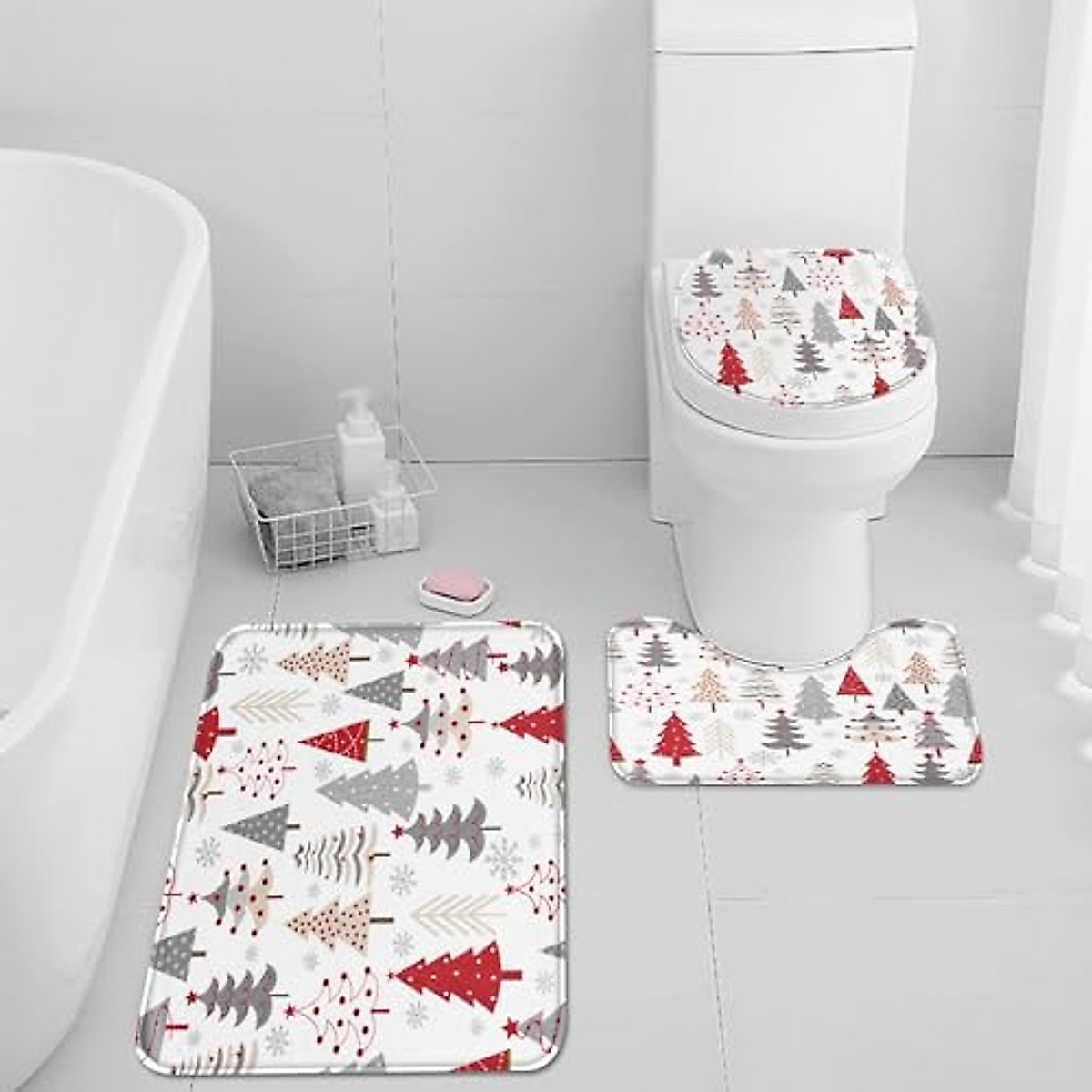 ArtSocket Bathroom Rugs and Mats Set 3 Piece, Christmas Trees Red Doodle Holly Absorbent Microfiber Memory Foam Bath Mat Machine Washable Bathroom Floor Mats