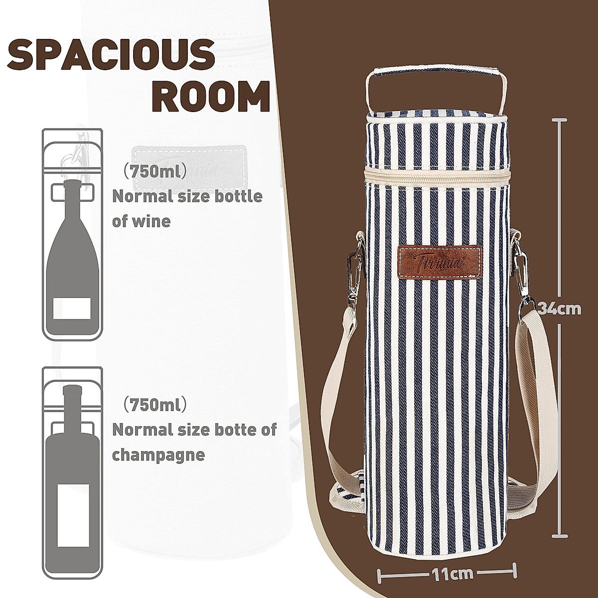 Tirrinia Single Wine Cooler Bags - Insulated & Padded Portable Wine Gift Tote Carrier for Travel, BYOB Restaurant, Wine Tasting, Party, Great Gift for Wine Lover, Blue Stripe