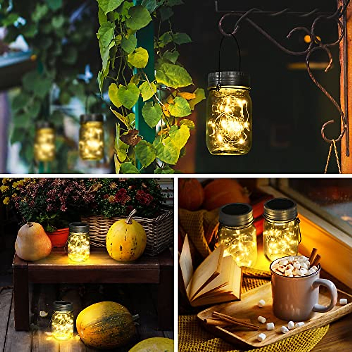 GIGALUMI Hanging Solar Mason Jar Lights, 6 Pack 30 Led String Fairy Lights Hanging Solar Lanterns Outdoor Waterproof, Hangers and Jars Included, Outdoor Decor for Garden, Patio, Yard, Porch, Wedding