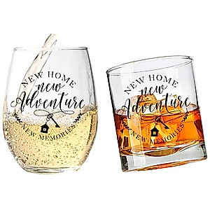 New Home New Adventures Wine and Whiskey Glass Gift Set - Unique Housewarming Gift for New Homeowners - New Home Gift Ideas for Women and Men