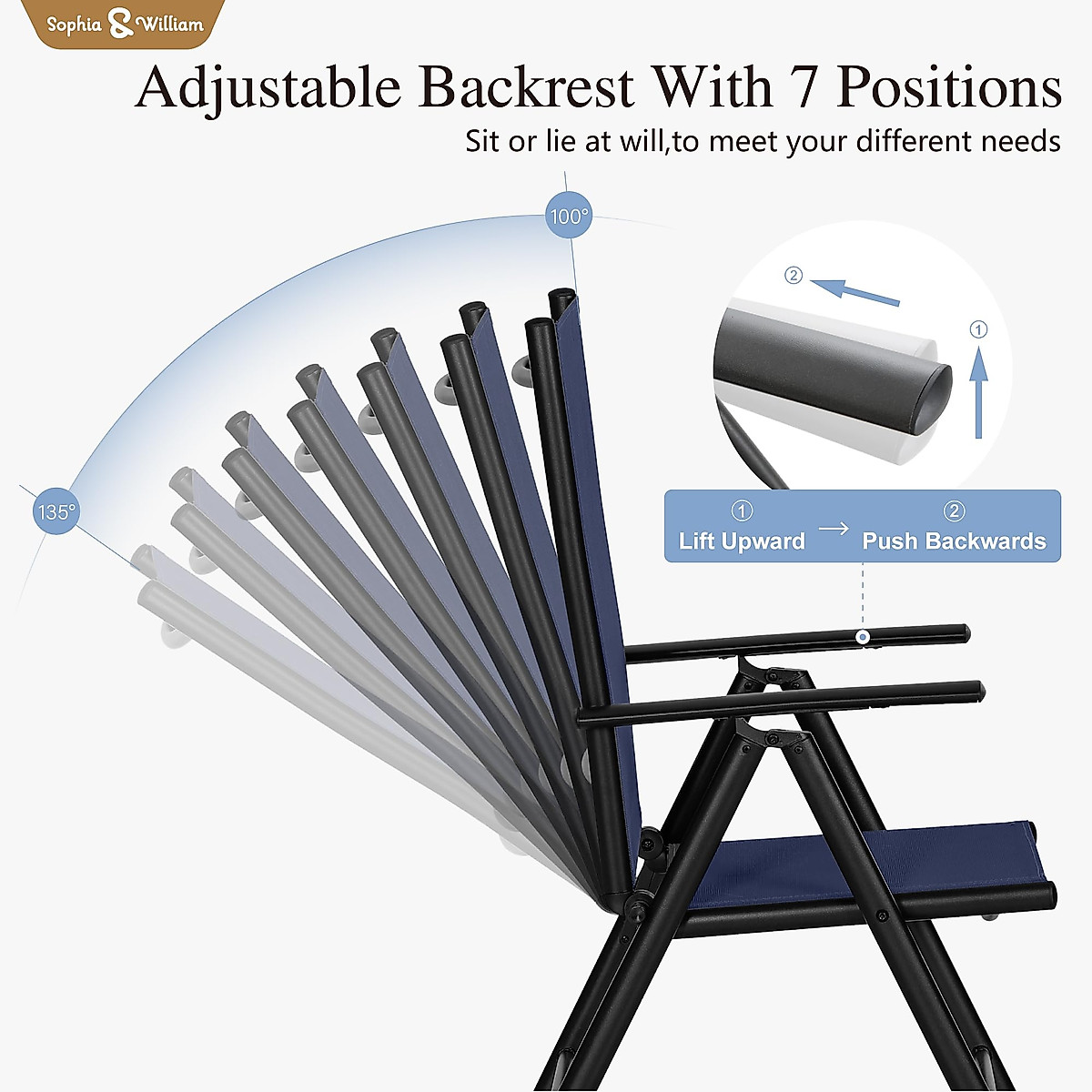 Sophia & William Patio Sling Dining Chairs Set of 2 Foldable and Portable, Outdoor High Back Folding Textilinene Chairs 7 Levels Adjustable for Porch Poolside Balcony Backyard, Navy Blue