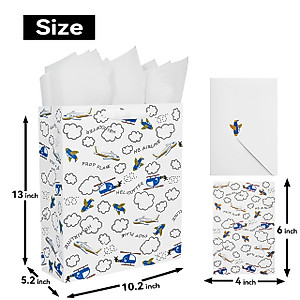 13" Large White Gift Bag Set with Greeting Card and Tissue Papers (Helicopter and Plane Design) or Boys’, Girls', or Kids' Party, Baby Showers, Boy