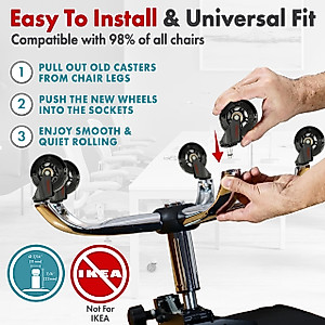 Professional Office Chair Wheels Gift Set of 5 Black - Protect All Your Floors - 3'' Heavy Duty Replacement Rubber Desk Chair Casters - Best Protection for Your Hardwood Floors