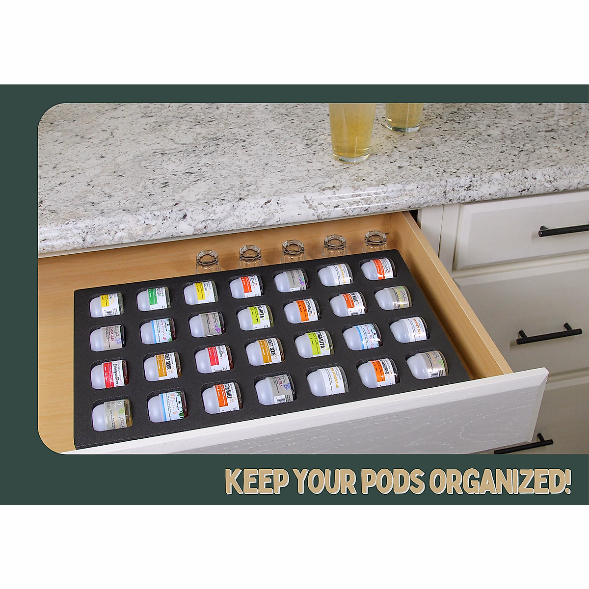 Polar Whale Cocktail Capsule Drawer Organizer Tray Insert Compatible with Keurig DrinkWorks Pods for Kitchen Home Bar Party Waterproof Washable Black Foam 28 Compartment 12.75 x 20.25 Inches