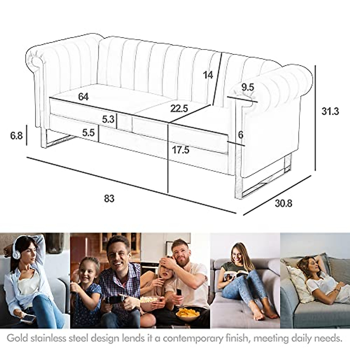 Koruiten Velvet Sofa Couch, Mid-Century Modern Couch with Arms and Removable Cushions, 84 Inch Love Seats Furniture for Living Room & Bedroom (White)