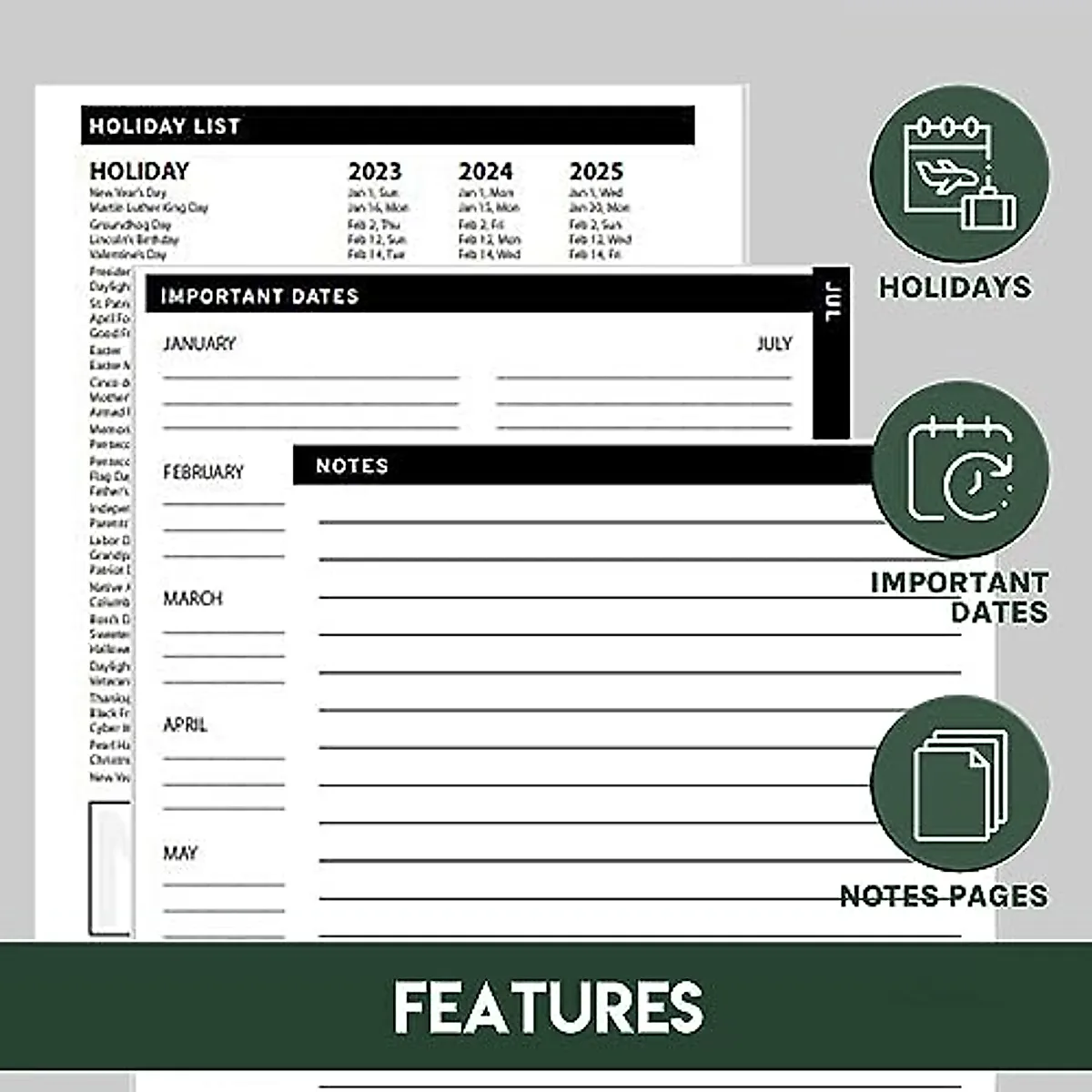HARDCOVER Daily Leather Planner Weekly Monthly - 8.5x11 - Ensight Academic Planner Business Personal or Student - Pen Holder, Bookmark, Notes Pages, Thick Paper, July 2023 - June 2024 (Green)