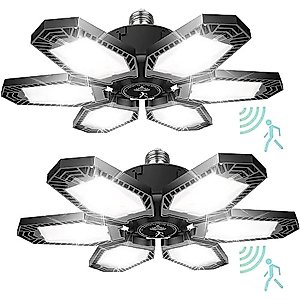 150W Motion Sensor Garage Lights 2 Pack 15000lm Garage Lighting Ultra Bright Motion Activated Garage Light Bulbs with 6 Adjustable Panels Shop Light for Garage Attic Warehouse Workshop Basement