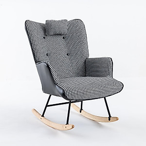 Tiophome Rocking Chair Nursery, Upholstered Glider Rocker Accent Chairs Padded Seat with High Backrest, Comfy Side Armchair for Nursing, Living Room, Bedroom, Office, Linen/Leather, Houndstooth Black