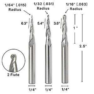 ROUTYBITS - 3 Pcs Tapered Ball Nose Router Bit Set - 1/32”, 1/16”, 1/8” Tip Diameter, 1/4 Inch Dia Shank, Solid Carbide, Spiral End Mills for 3D CNC Carving of Wood, Plastic, Soft Metal
