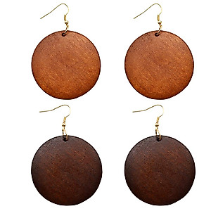 2 Pairs Wooden Earrings for Women - Big Round Circle Geometric Wood Drop Dangle Hook Earrings,Ethnic Wood Drop Earrings Stainless Steel Stud (Brown and dark brown)