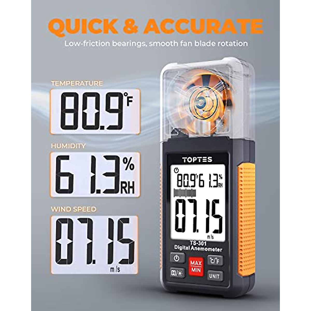 TopTes TS-301 Digital Anemometer, Wind Speed Meter with 2.26-inch Big Backlight LCD Screen, Air Flow Meter for Sailing Surfing Drone Flying RC Plane Golf Shooting HVAC