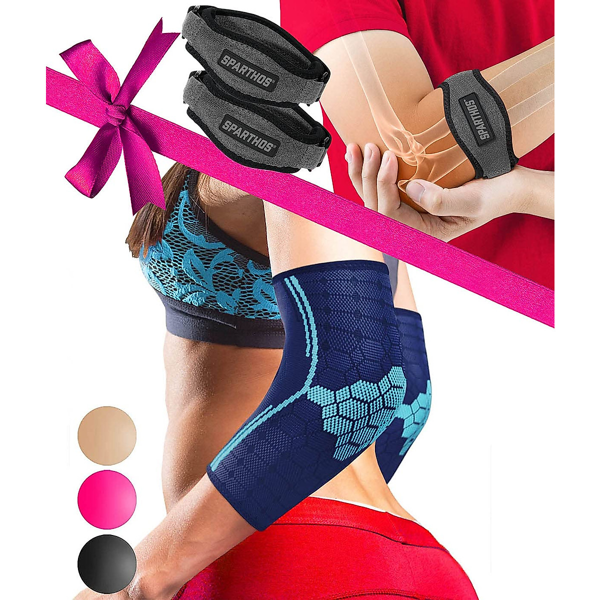 Sparthos Elbow Compression Sleeves [Cobalt Blue - Med] x Tennis Elbow Brace [Pack of 2]