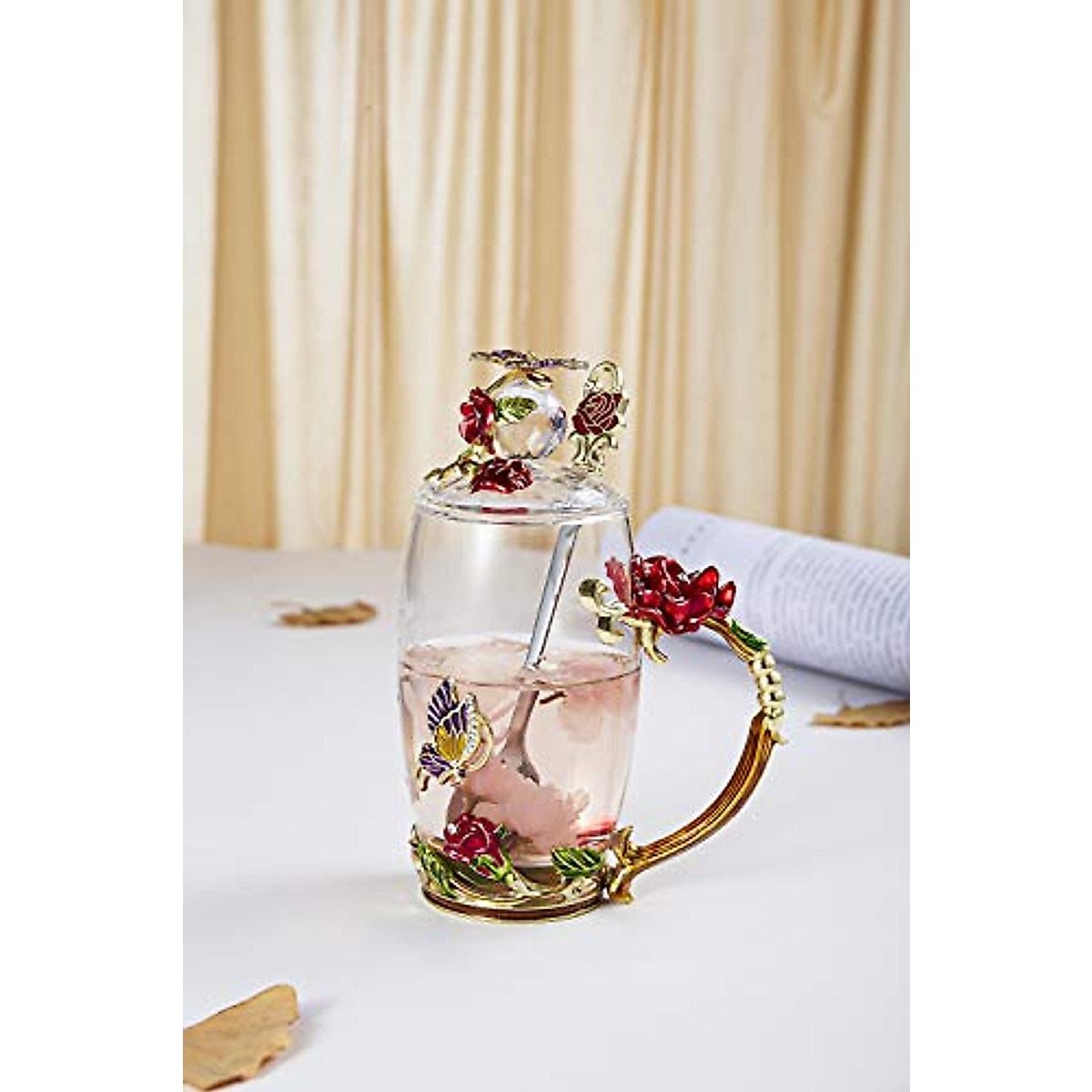 Flower Teacup Transparent Glass Teacup, (With Spoon + Lid) , Fancy Tea Cups , Flower Tea Cup,Tea Cup Gift, Gifts for Women,Mother's Day Present，Gift Box. (Rose Red High Cup)