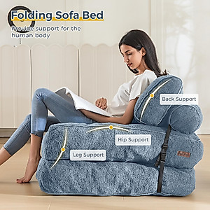 MAXYOYO Folding Sofa Bed, Convertible Sleeper Chair with Pillow Foldable Mattress with Back Support, Portable Fold Out Sofa Couch Fuzzy Fabric Comfy Floor Sofa Lounge for Living Room, Dusty Blue