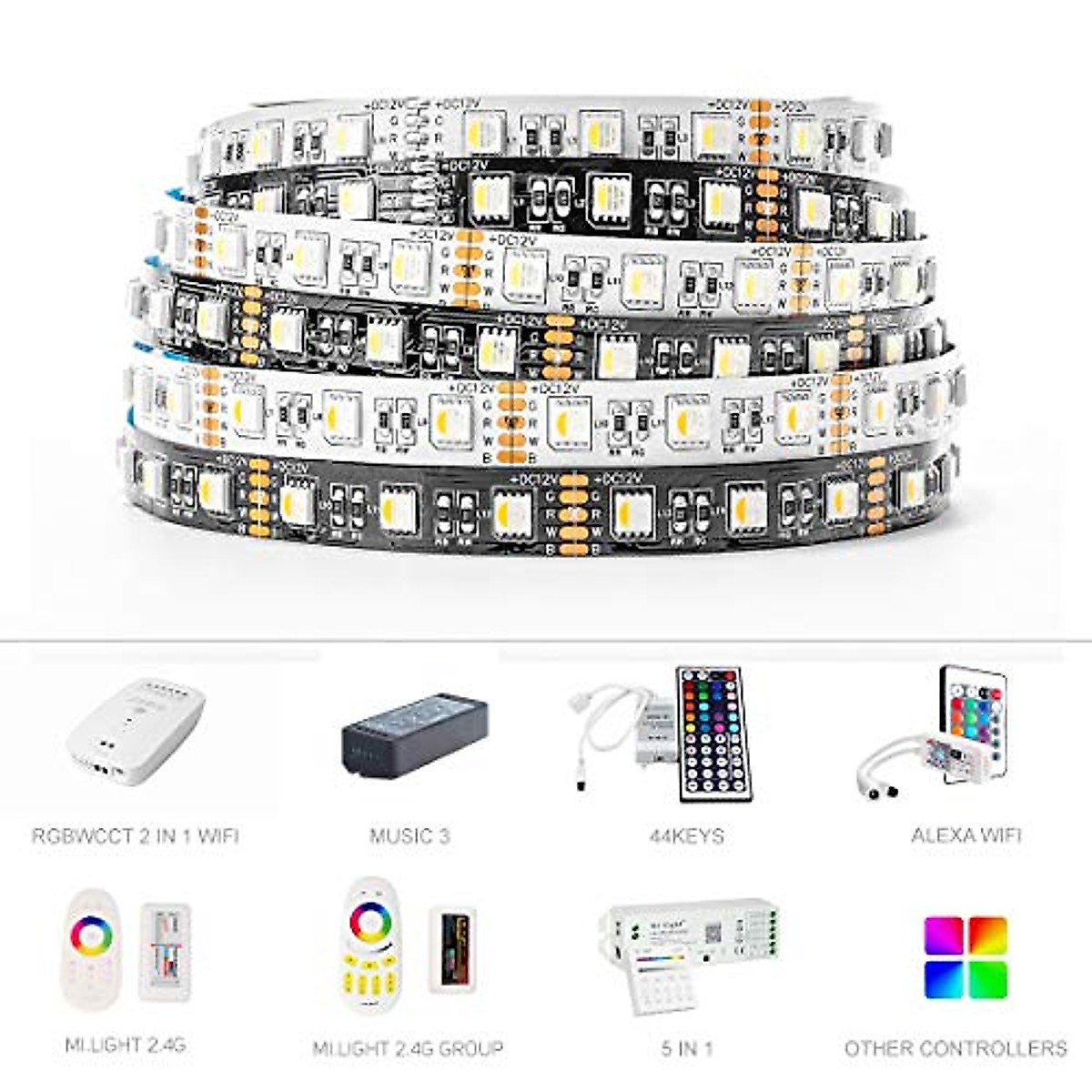 BTF-LIGHTING 5050 RGBW RGB+Cool White(6000K-7000K) 4 Colors in 1 LED 5m 16.4ft 60LEDs/m Multi-Colored LED Tape Lights IP30 Non-Waterproof Black 12mm PCB DC24V for Bedroom Kitchen Home Decoration