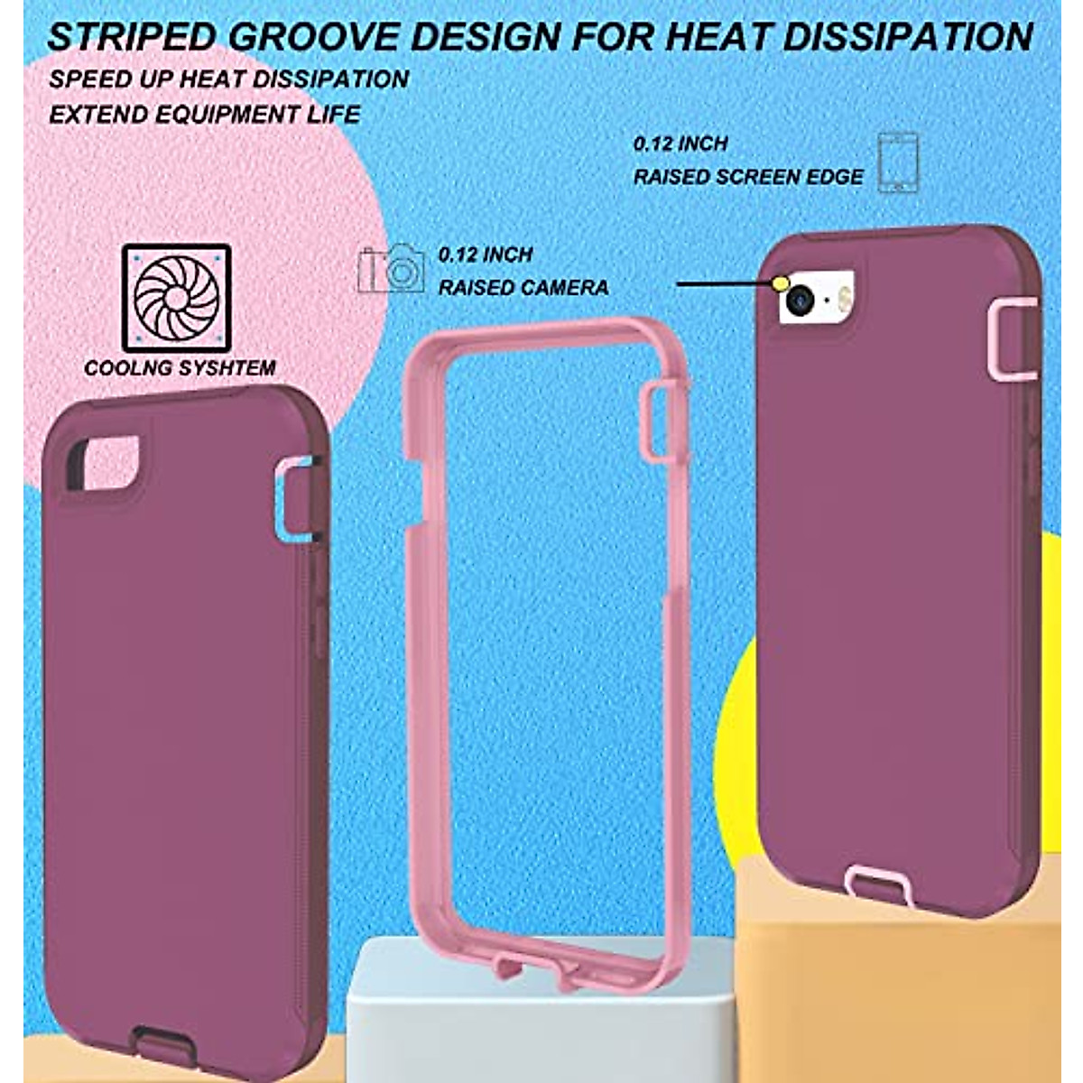 ONOLA iPhone SE 2022 Case with Tempered Glass Screen Protector [2 Packs], Shockproof Dustproof for iPhone SE 2022 3rd Gen/2020 2nd Gen (4.7-inch) in WineRed-Pink.