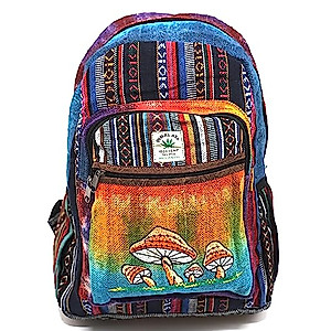 Unique Mushroom Embroidered Tie Dye Himalaya Hemp Hippie Backpack Festival Backpack Hiking FAIR TRADE Handmade with Love. (LARGE)