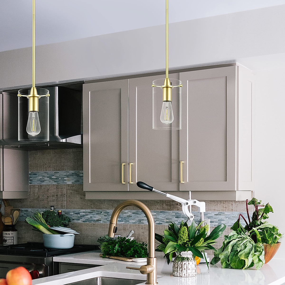 Satin Brass Pendant Lights Kitchen Island - Medium Clear Glass Pendant Light Fixture
