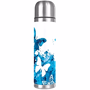 Stainless Steel Leather Vacuum Insulated Mug Blue Butterfly Thermos Water Bottle for Hot and Cold Drinks Kids Adults 16 Oz