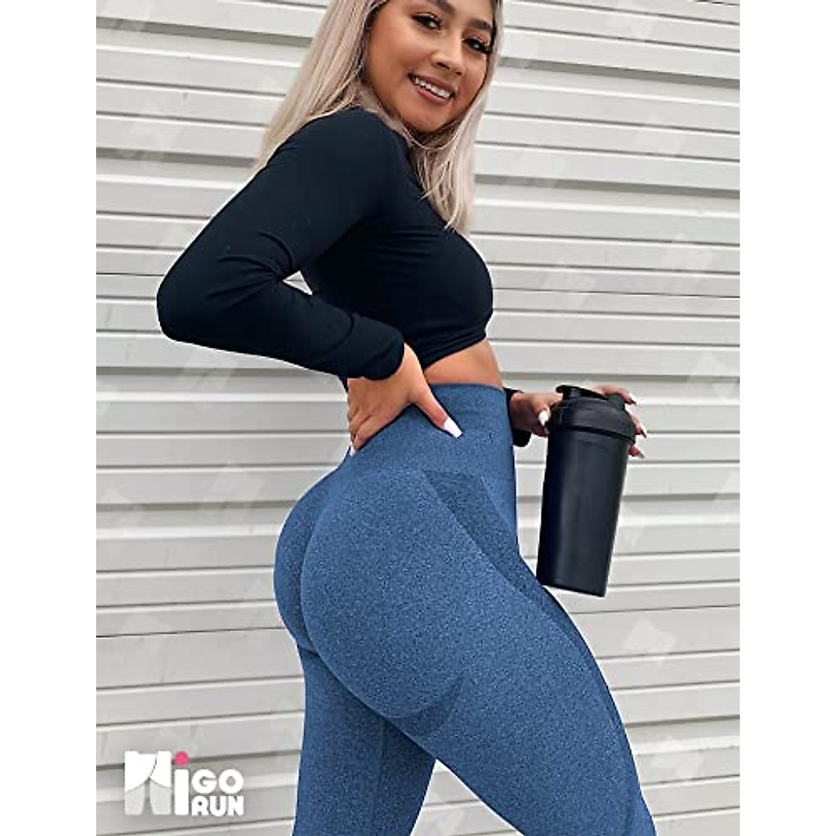 HIGORUN Women Seamless Leggings Smile Contour High Waist Workout Gym Yoga Pants Darkblue M