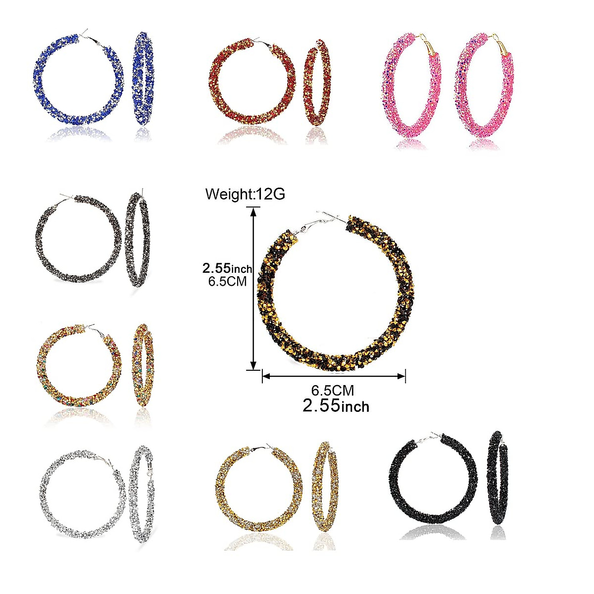 Hot Pink Prom Hoop Earrings for Women Shiny Glitter Sequins Hoop EarringsSparkly Concert Earrings Gifts Statement Circle Rhinestone Dangle Drop Earrings Boho Colorful Jewelry-Black