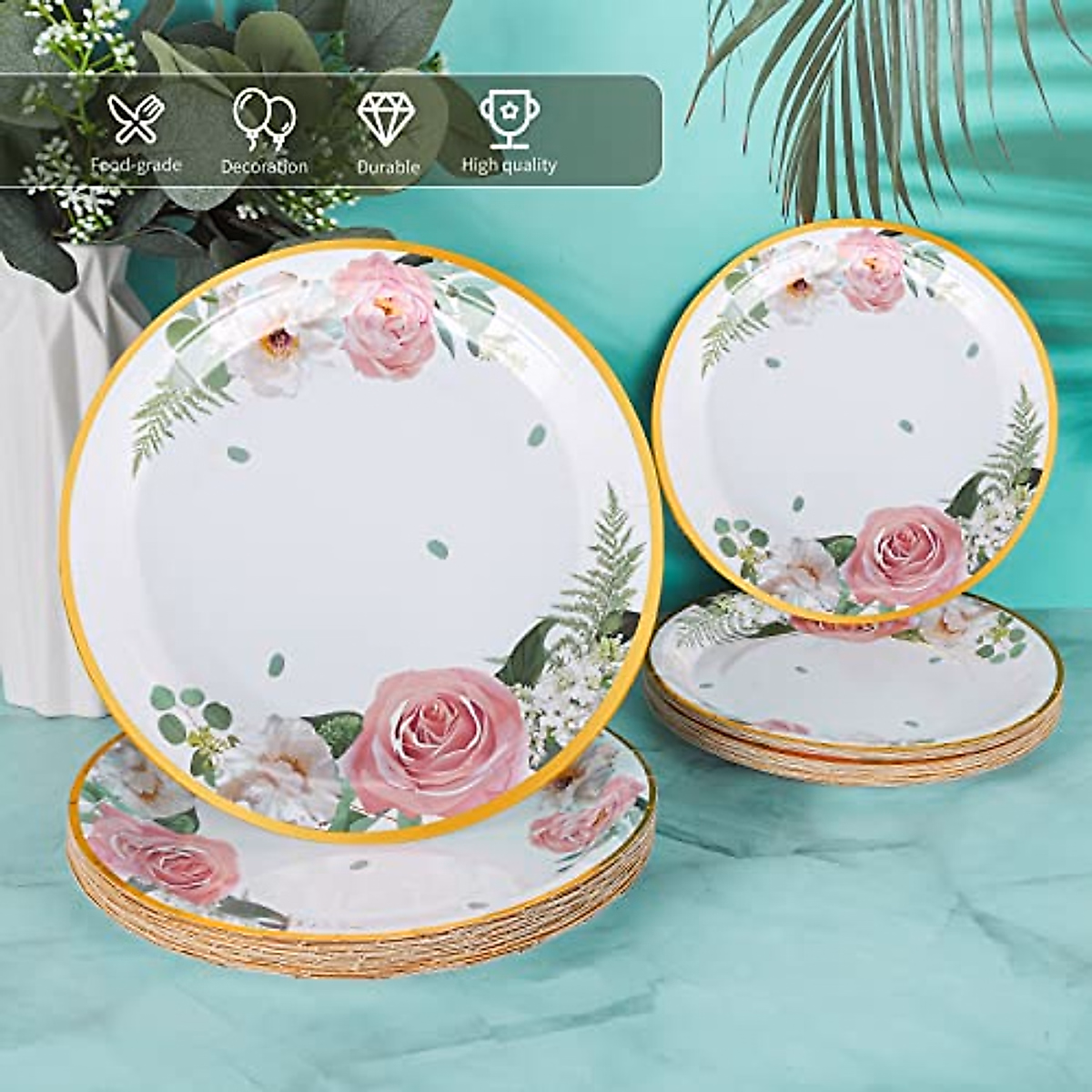 Aneco 60 Pieces Floral Paper Plates Set Disposable Party Plates 30 Pieces 7 Inch Dessert Plates and 30 Pieces 9 Inch Dinner Plates for Party, Birthday, Baby Shower
