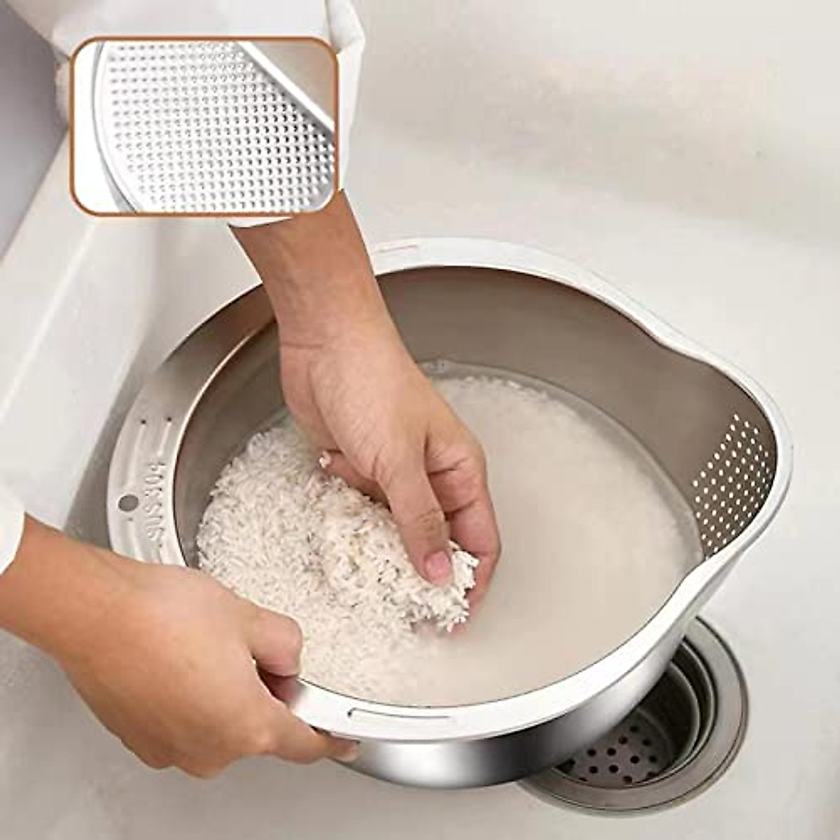 Stainless Steel Rice Washing Bowl Rice Washing Drain Basket Japanese Rice Washing Bowl With Side Drainer For Washing Fruits Vegetables