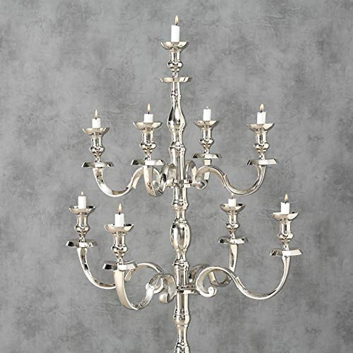 Whole House Worlds Hamptons Tall Nine Candle Silver Candelabra, Handcrafted of Silver Aluminum Nickel, 6 Feet Tall (71 Inches Tall -180 cm) for 9 Candles cm. Aluminium. Freestanding