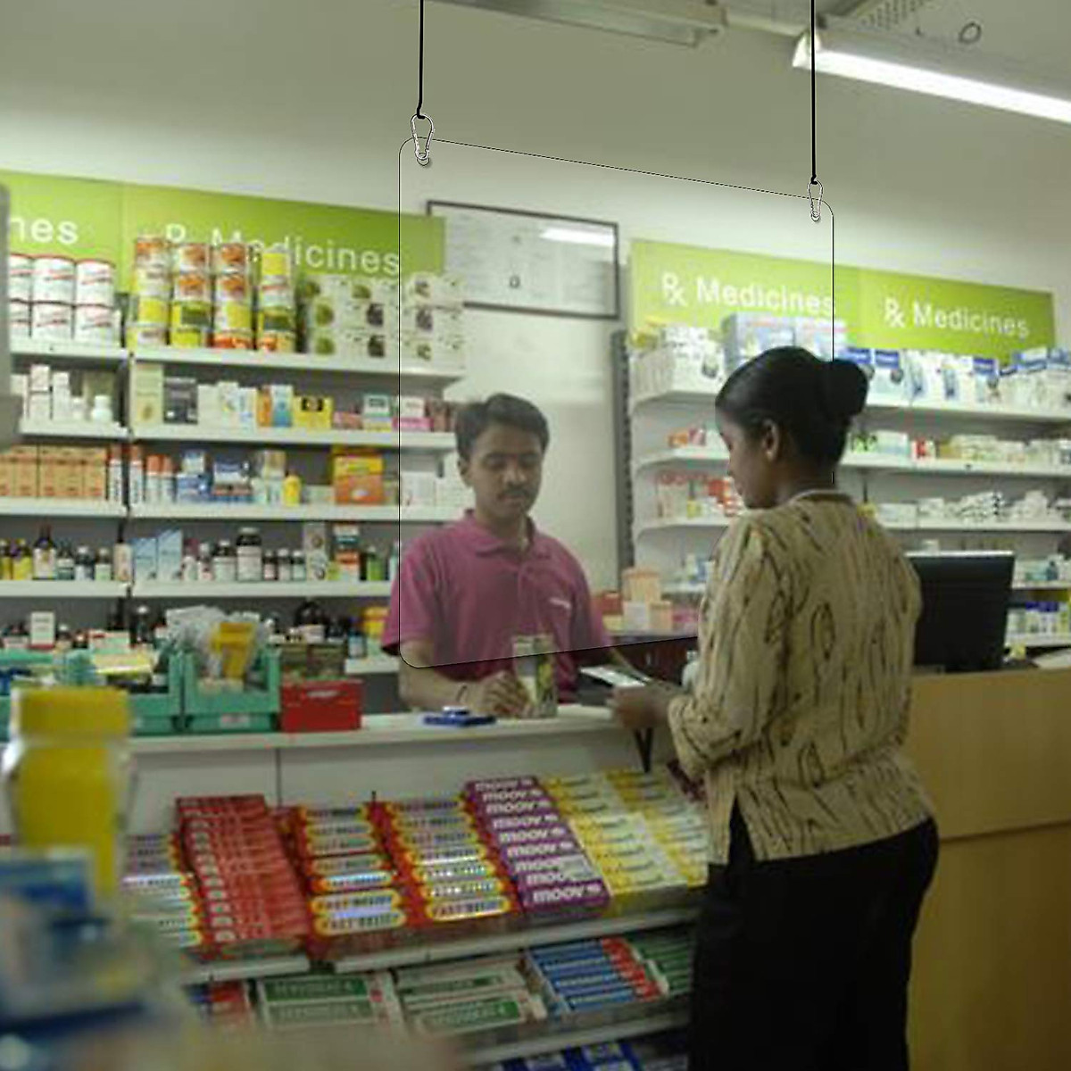 BannerBuzz Hanging Sneeze Guard Clear Acrylic Barrier 5mm Thickness, Easy to Install - Cough Guard Plastic Shield Screen for Retail Stores, Cashier, Receptionist (40" x 32")