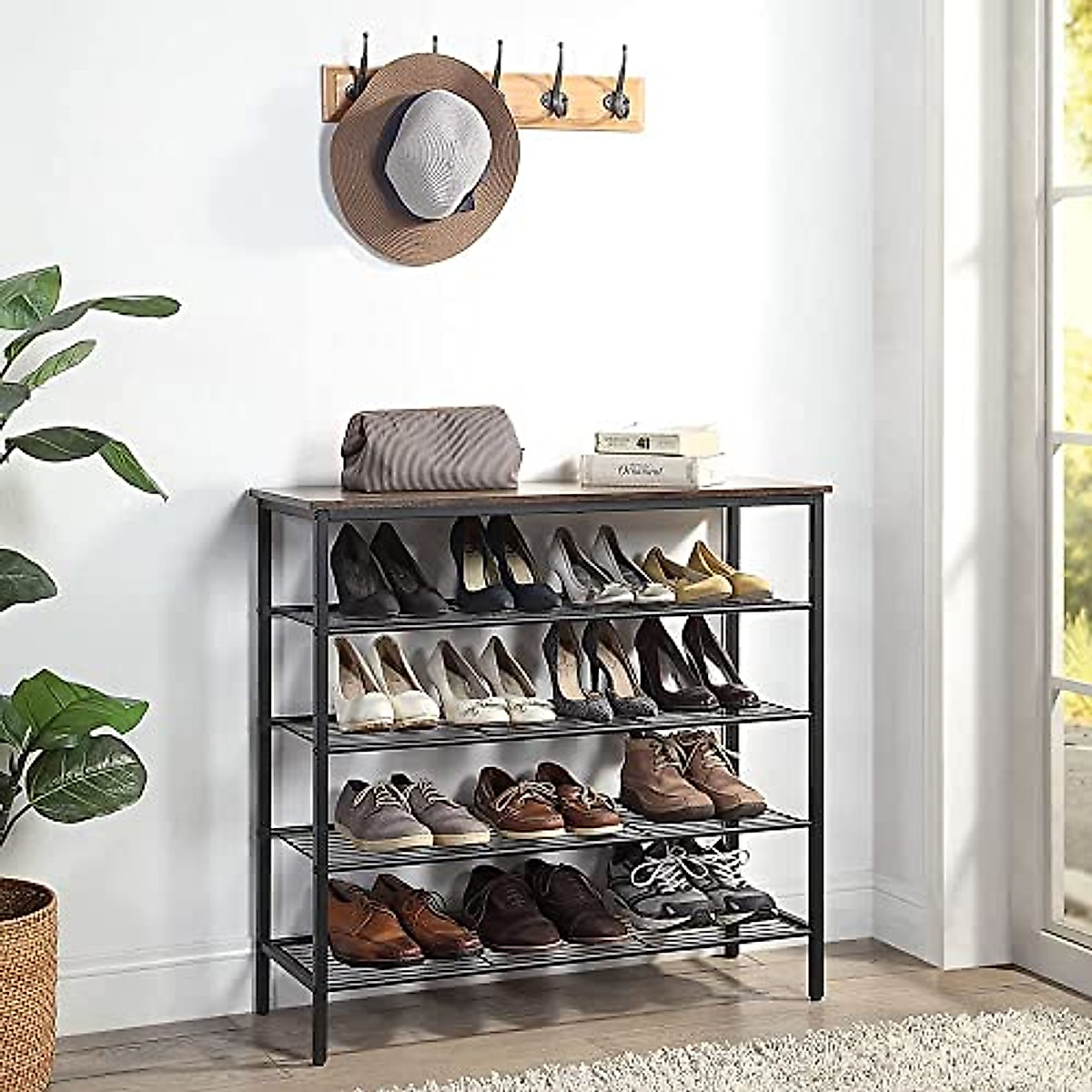 HQXING 5-Tier Shoe Rack Organizer, Metal Mesh Shoe Storage Shelf, for Entryway, Hallway, Closet, Dorm Room, Industrial, Rustic Brown