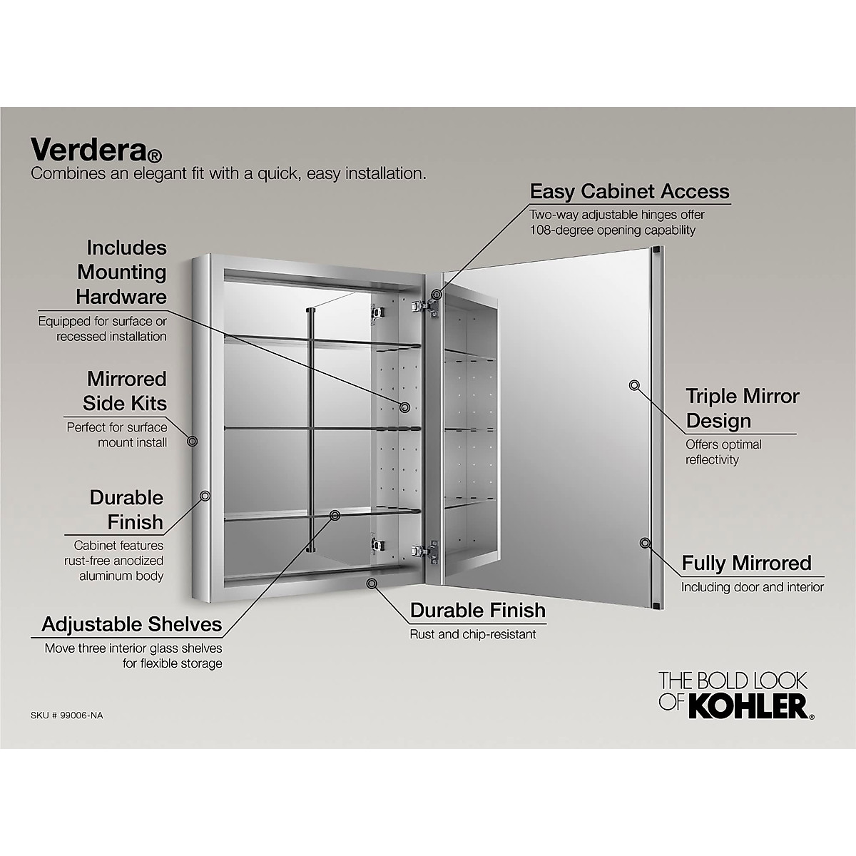 KOHLER K-28029-NA Verdera Medicine Cabinet with Slow-Close Mirror Door & Adjustable Shelves, Rectangular Frame, 15" x 40"