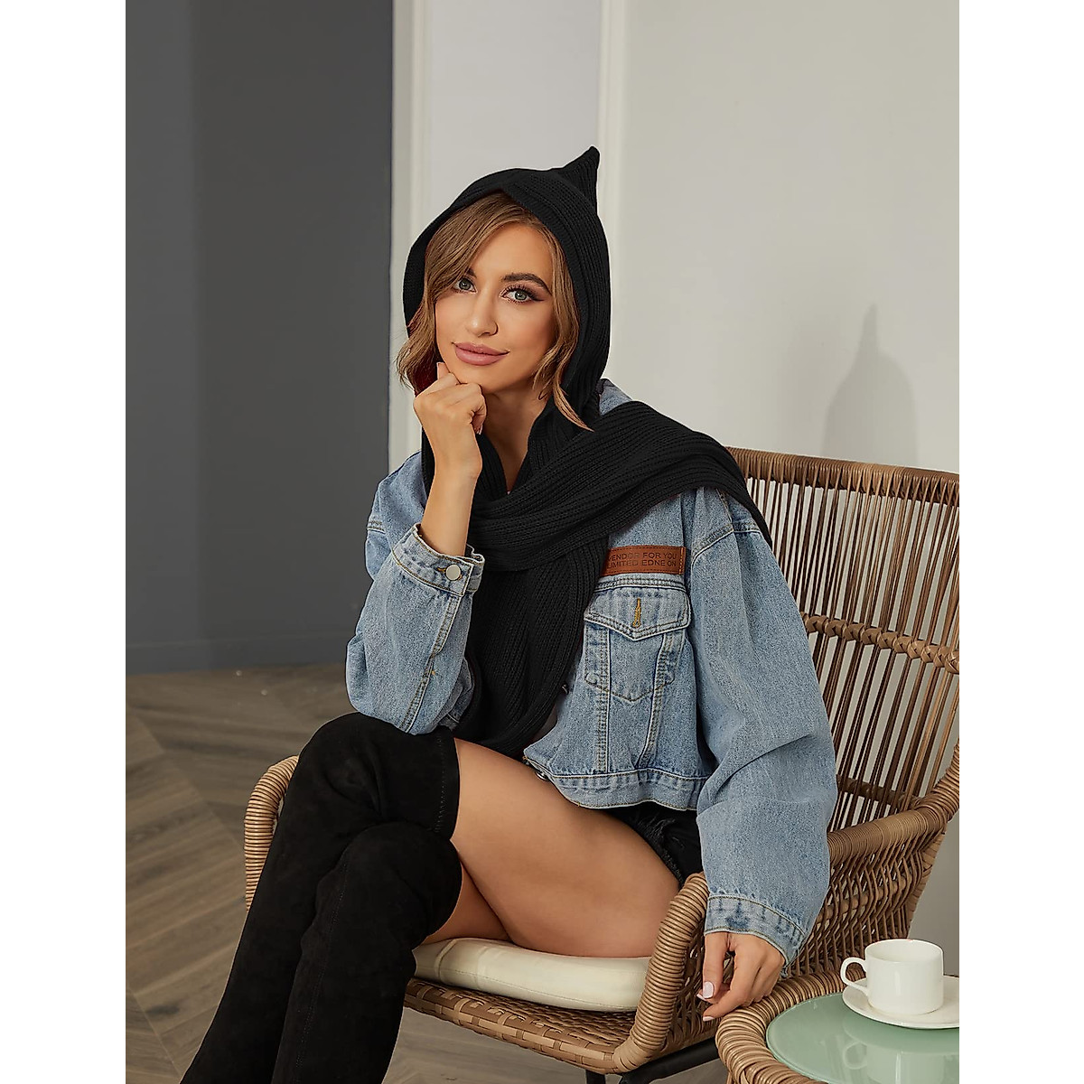 Women Winter Knitted Hooded Long Scarf Warm Shawl Head Scarves Black One Size