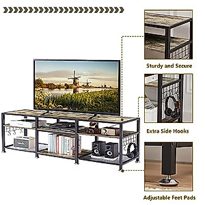 VECELO TV Stand for Televisions up to 70 Inch, Industrial Entertainment Center with 3-Tier Open Storage Shelves& Hooks for Living, Bedroom and Gaming Room, 63 Inch, Grey