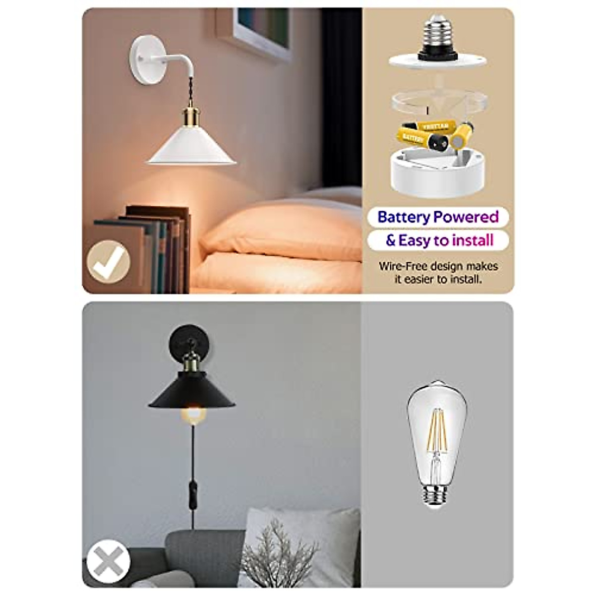 Battery Operated Wall Sconce, Wireless Wall Lights Set of 2, 13 RGB Colors Dimmable Battery Powered Wall Lamp with Remote, Memory Function, Timer for Bedroom, Living Room