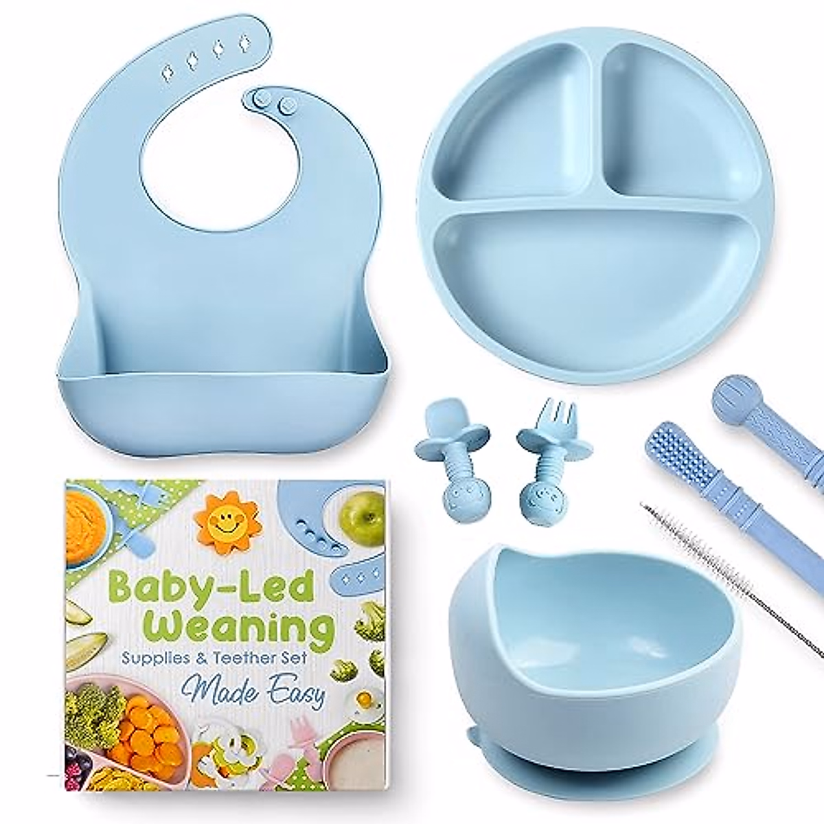 BAEDIMI Baby Led Weaning Supplies - Silicone Baby Feeding Set - Divided Plate, Suction Bowl, Bib, Self Feeding Spoon and Fork, Teethers Set - First Stage Solid Food Eating Utensils 6+ Months
