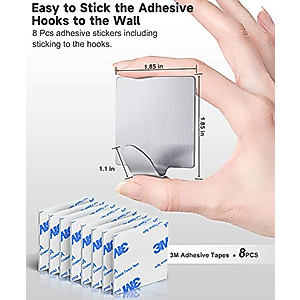 YOGEERNIC 8 PCS Adhesive Towel Hooks, No Drilling Wall Mount Hooks, Heavy Duty Stainless Steel Hooks for Bathroom Bedroom Kitchen Hotel(Silvery)